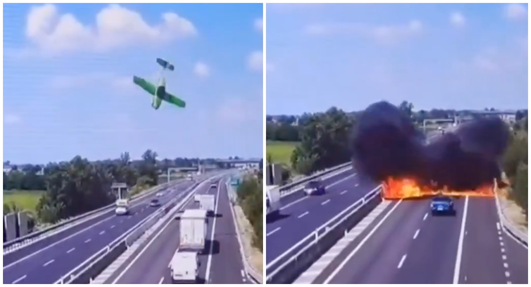 Avioneta se estrella en plena autopista de Italia y se incendia, hay dos muertos | Video ...